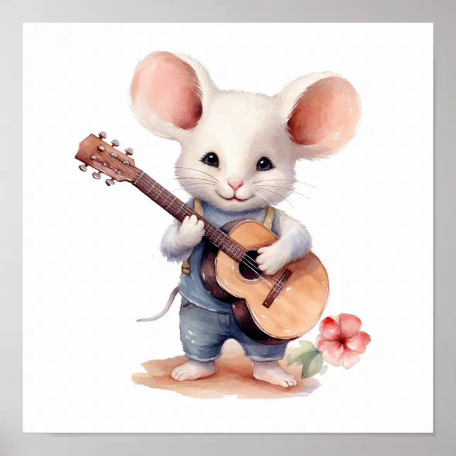Nursery Art Poster Mouse Playing Guitar, Left-hand | Zazzle