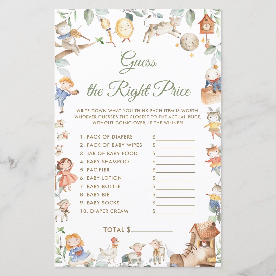 Nursery Rhyme Guess Right Price Baby Shower Game | Zazzle