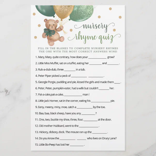 Nursery Rhyme Quiz Game Baby Shower Teddy Bear | Zazzle