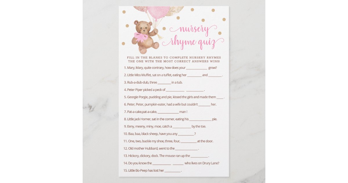 Nursery Rhyme Quiz Game Baby Shower Teddy Bear | Zazzle