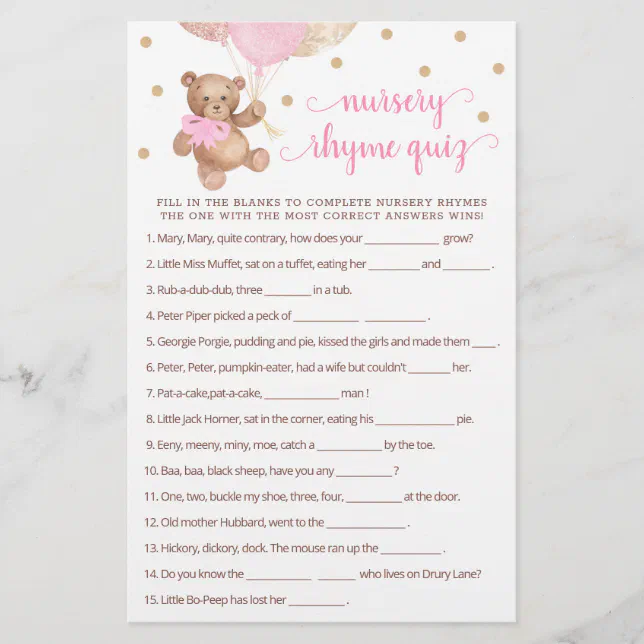 Nursery Rhyme Quiz Game Baby Shower Teddy Bear | Zazzle
