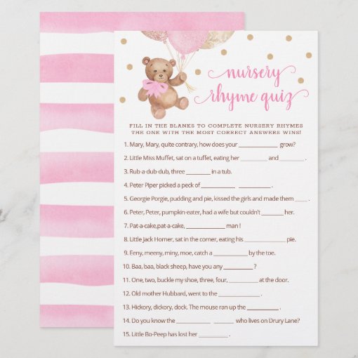 Nursery Rhyme Quiz Game Baby Shower Teddy Bear | Zazzle