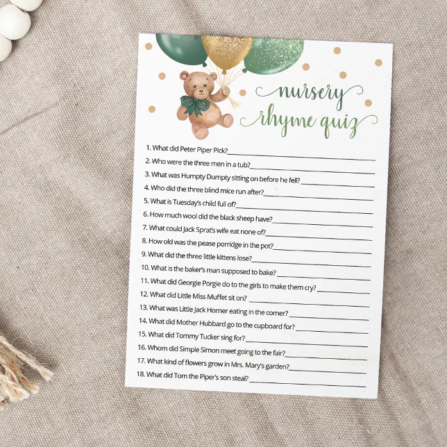 Nursery Rhyme Quiz Game Teddy Bear Card | Zazzle