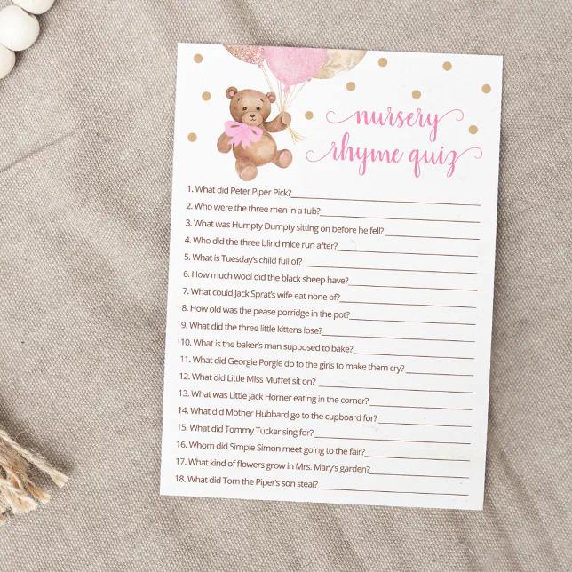 Nursery Rhyme Quiz Game Teddy Bear Card | Zazzle