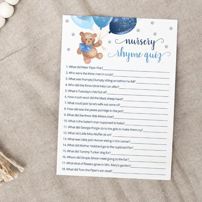 Nursery Rhyme Quiz Game Teddy Bear Card | Zazzle