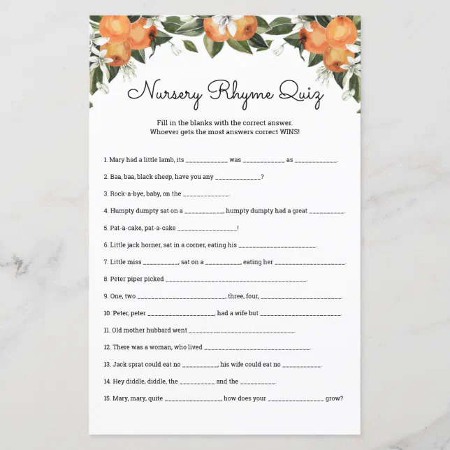 Nursery Rhymes Quiz Cutie Baby Shower Game Cards | Zazzle