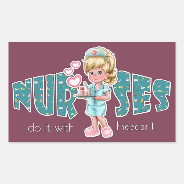 Nurses care with Heart. Cute Blond Nurse Rectangular Sticker | Zazzle