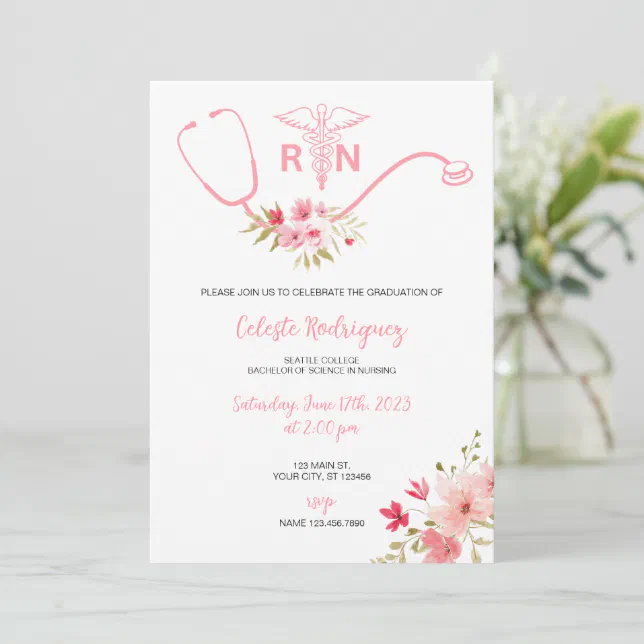 Nursing Graduation Invitation Pink Flowers | Zazzle