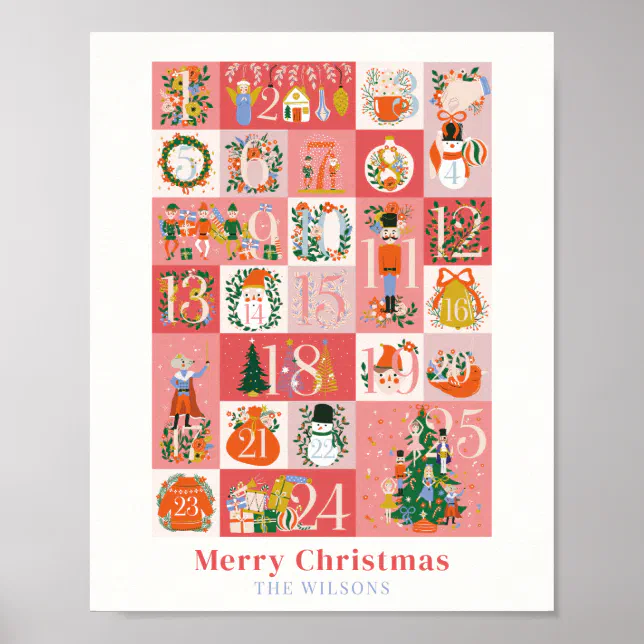 Nutcracker Christmas Holiday Pink Advent Calendar Poster | Zazzle