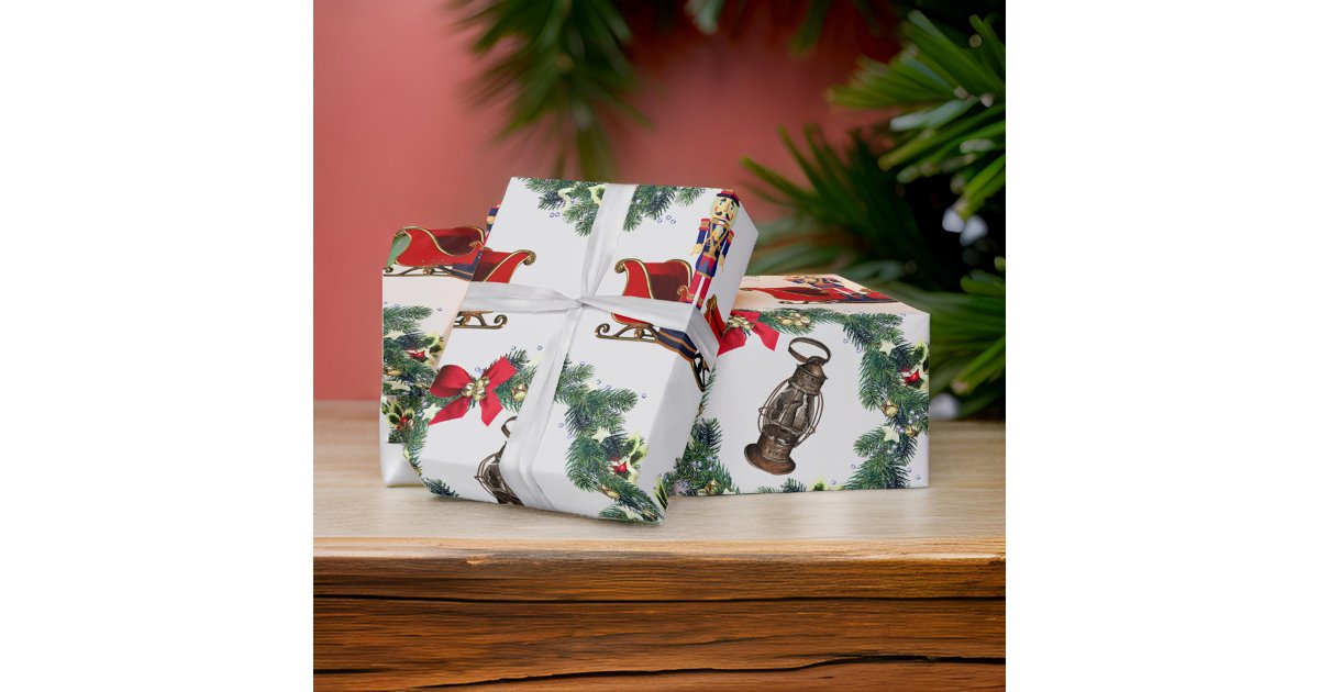 Nutcracker Christmas Sleigh Vintage Lanterns Wrapping Paper | Zazzle