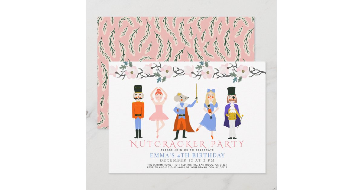 Nutcracker Pink Christmas Floral Girl Birthday Invitation | Zazzle