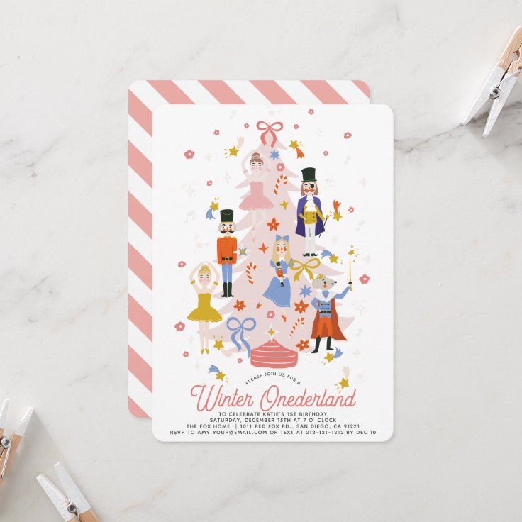 Nutcracker Pink Christmas Tree 1st Birthday Invitation | Zazzle