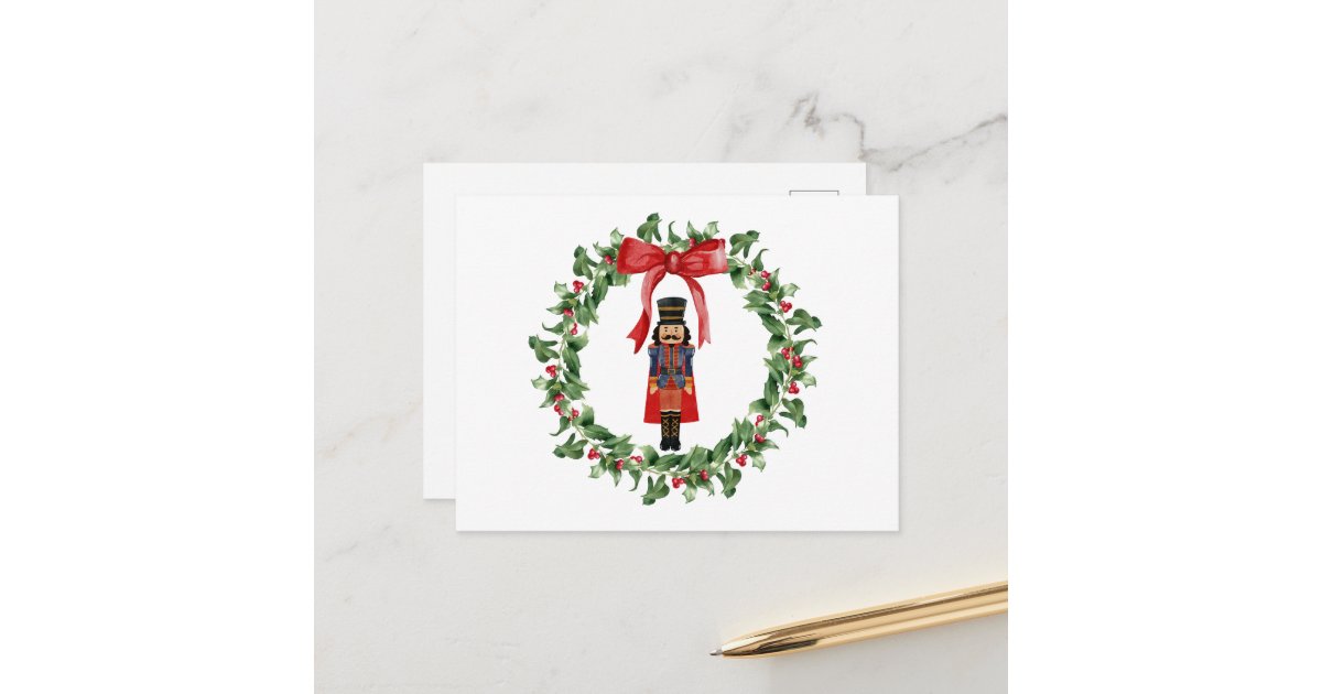 Nutcracker Red Bow Wreath Unique Christmas Postcard | Zazzle