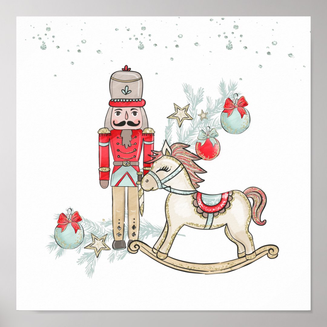Nutcracker, rocking horse, baubles poster | Zazzle