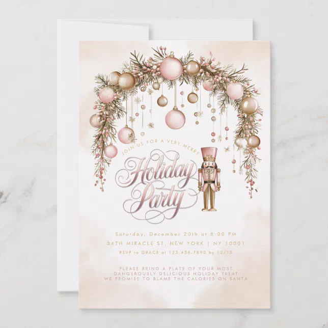 Nutcracker Rose Gold Ornaments Pink Holiday Party Invitation | Zazzle