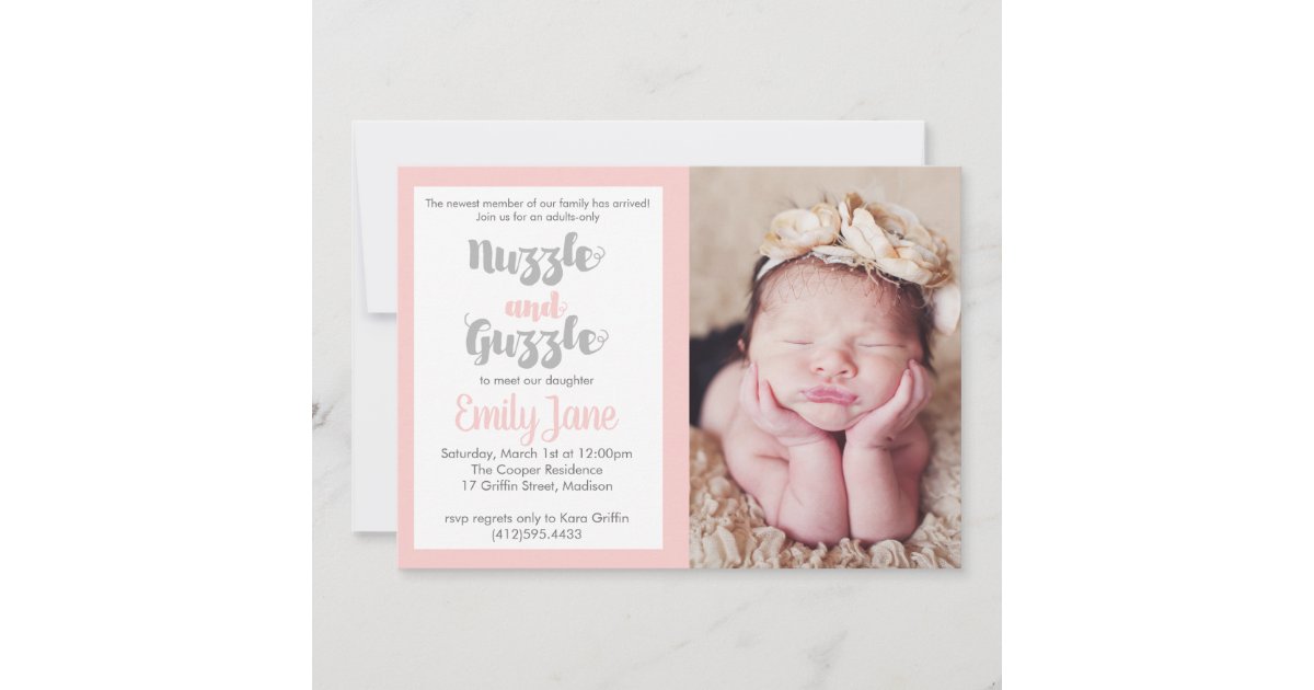 Nuzzle and Guzzle Baby Photo Invitation | Zazzle