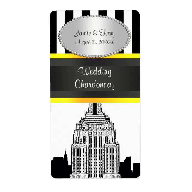 NY City Etched Skyline BW Stripe Yel P Wine Label | Zazzle