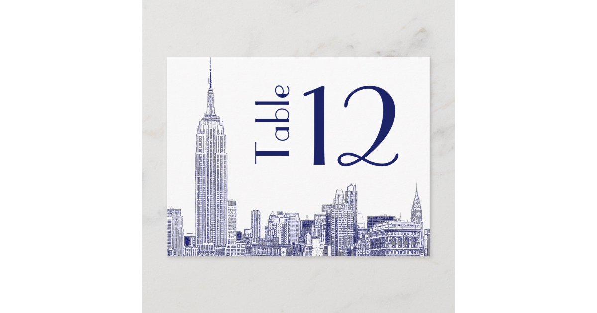 NYC Skyline 01 Etched Table Number Card Blue | Zazzle