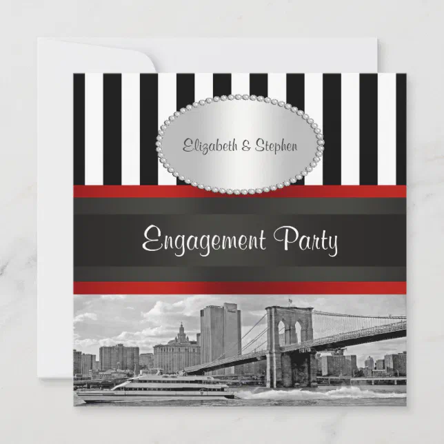 NYC Skyline Brooklyn Bridge Blk Wht P2 Engagement Invitation | Zazzle