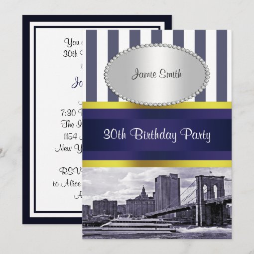 NYC Skyline Brooklyn Bridge Boat Blue Wt2 Birthday Invitation | Zazzle