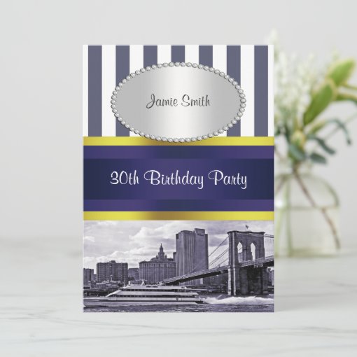 NYC Skyline Brooklyn Bridge Boat Blue Wt2 Birthday Invitation | Zazzle