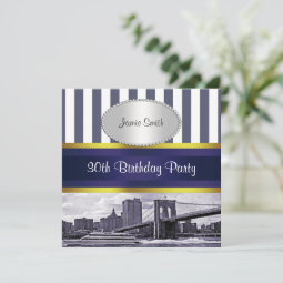 NYC Skyline Brooklyn Bridge, Boat Blue Wt Birthday Invitation | Zazzle
