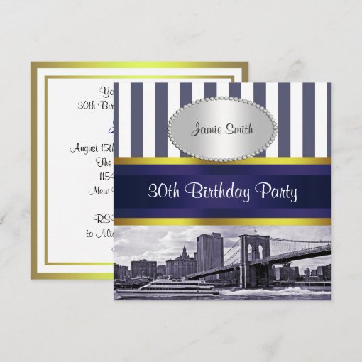 NYC Skyline Brooklyn Bridge, Boat Blue Wt Birthday Invitation | Zazzle