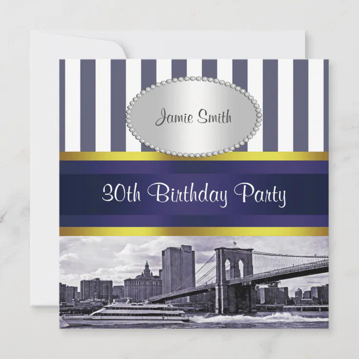 NYC Skyline Brooklyn Bridge, Boat Blue Wt Birthday Invitation | Zazzle