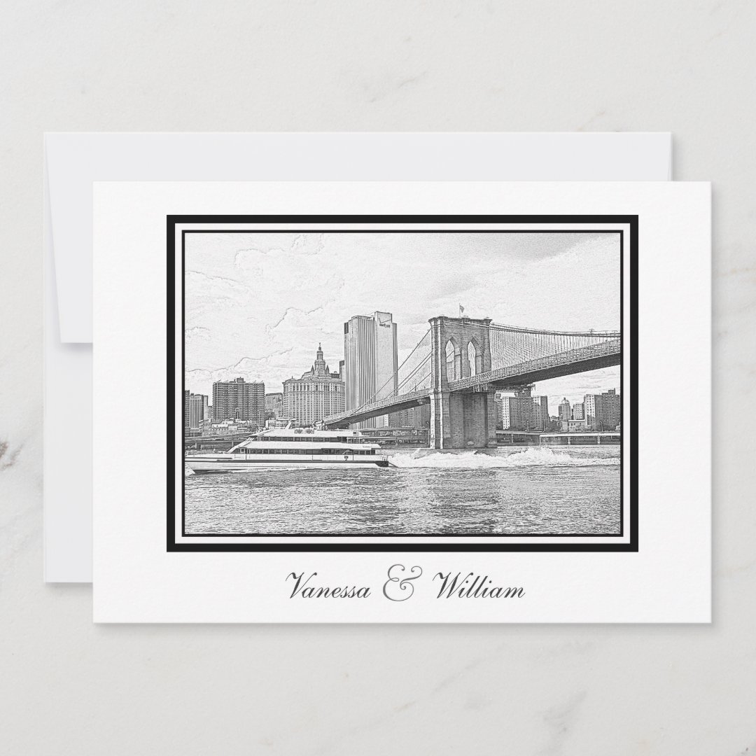 NYC Skyline Brooklyn Bridge Boat BW Etchd Wedding Invitation | Zazzle