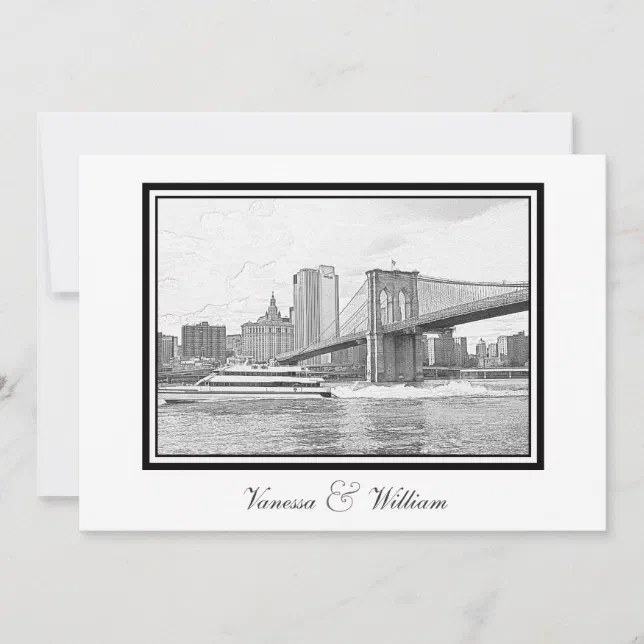 NYC Skyline Brooklyn Bridge Boat BW Etchd Wedding Invitation | Zazzle