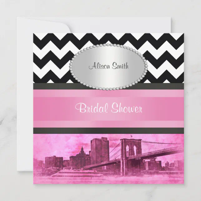 NYC Skyline Brooklyn Bridge BW Pnk P Bridal Shower Invitation | Zazzle