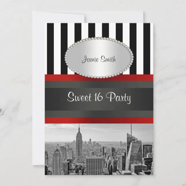 NYC Skyline BW Black White Stripe 2P Sweet 16 Invitation | Zazzle
