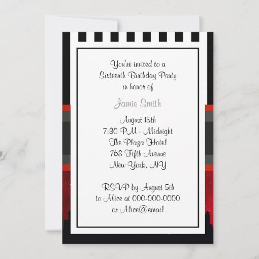 NYC Skyline Sil Red Sky Blk Wh Stripe P Sweet 16 V Invitation | Zazzle
