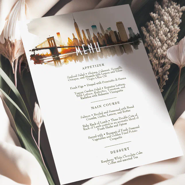 NYC Sundown Skyline Watercolor Wedding Menu Card | Zazzle
