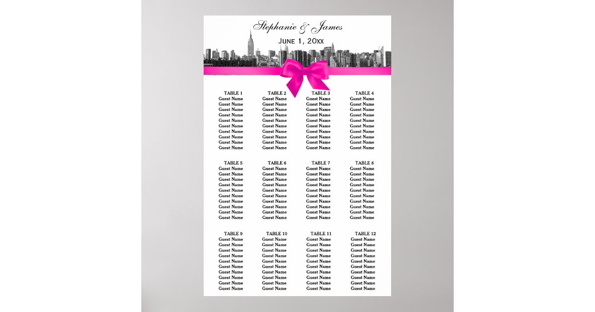 NYC Wide Skyline BW Hot Pink Bow Seating Chart | Zazzle