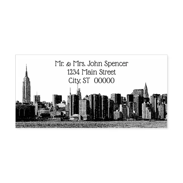 NYC Wide Skyline Etched BW Address Rubber Stamp | Zazzle