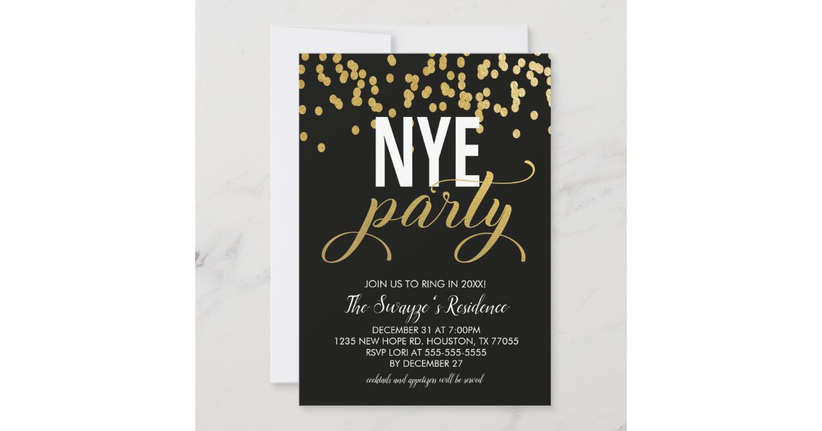 NYE Party Invitation | Black and Gold Confetti | Zazzle