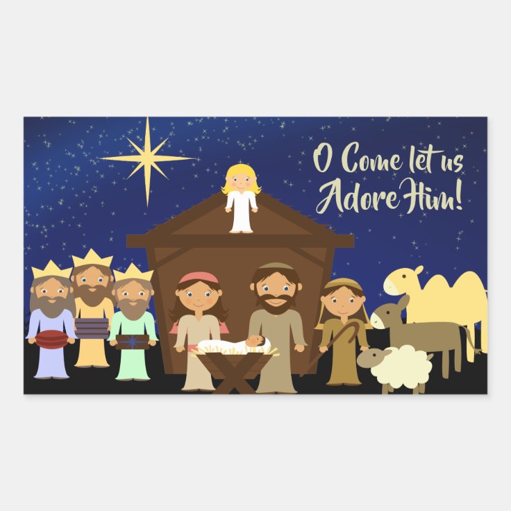 O Come Let us Adore Him, Christmas Nativity Rectangular Sticker | Zazzle