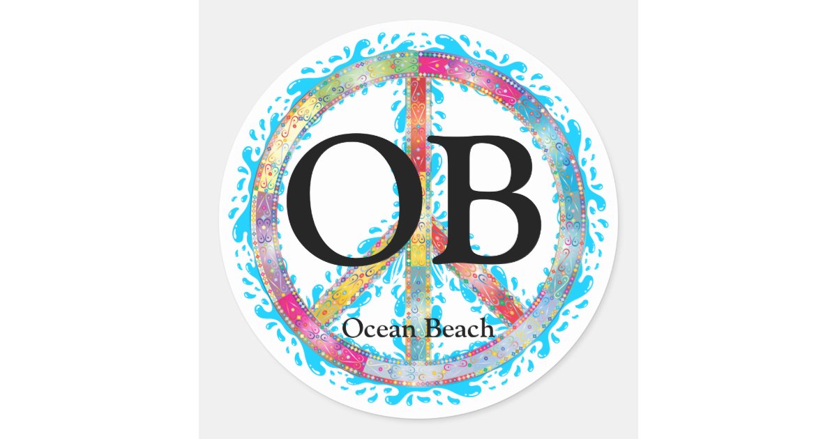 OB Ocean Beach California Peace Sign and Water Classic Round Sticker ...