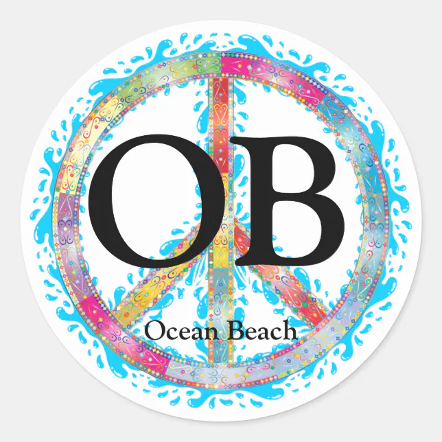 OB Ocean Beach California Peace Sign and Water Classic Round Sticker ...