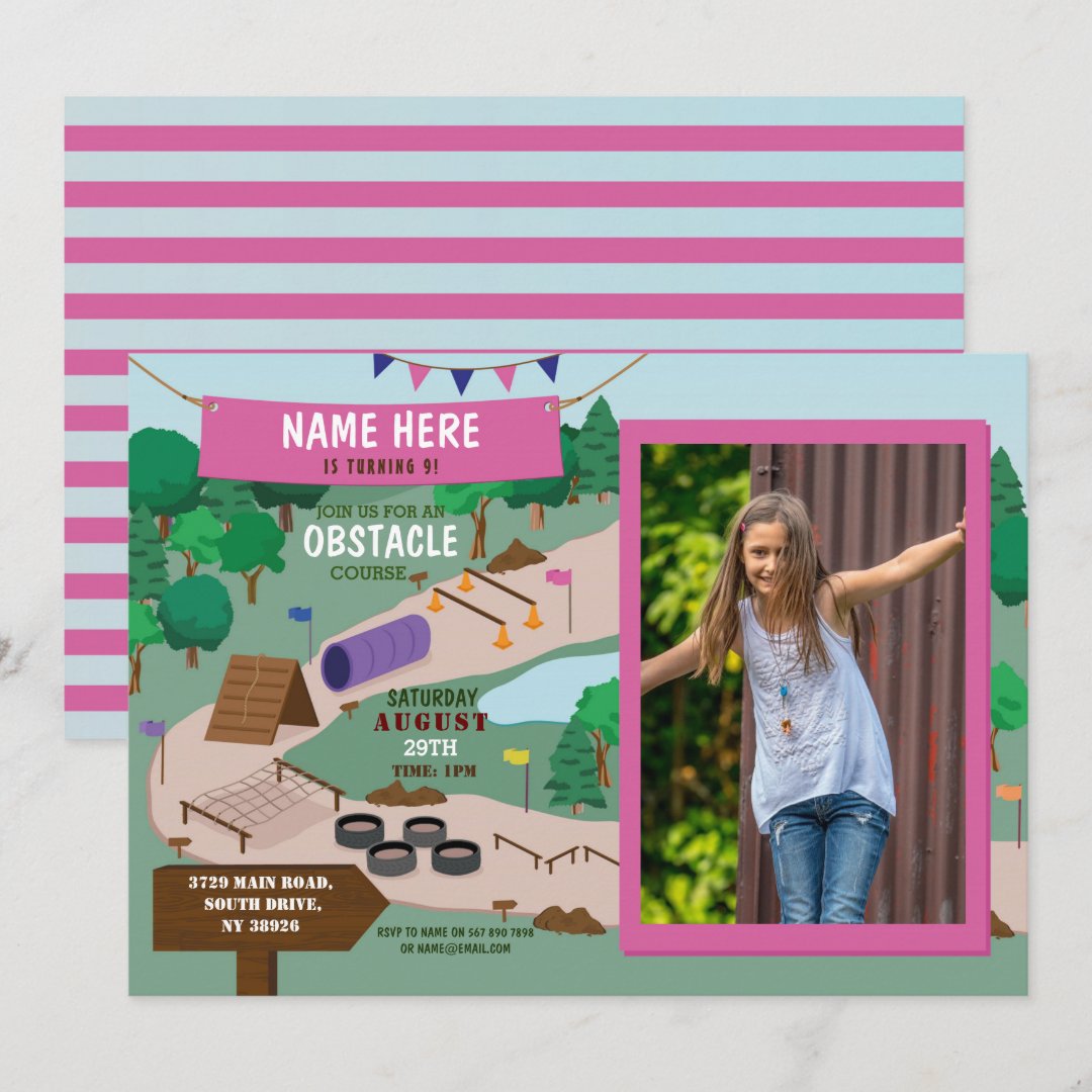 Obstacle Course Birthday Photo Adventure Park Pink Invitation | Zazzle