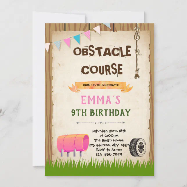 Obstacle course girl birthday party invitation | Zazzle