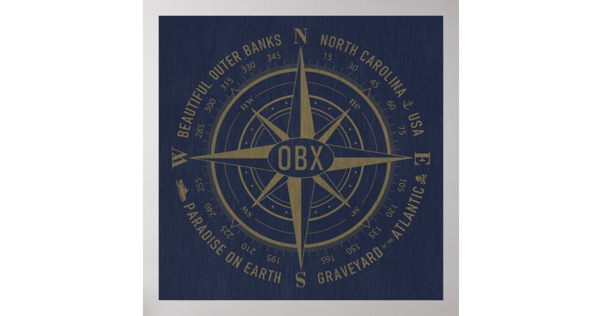 OBX Compass Outer Banks Vintage Gold Navy Blue Poster | Zazzle