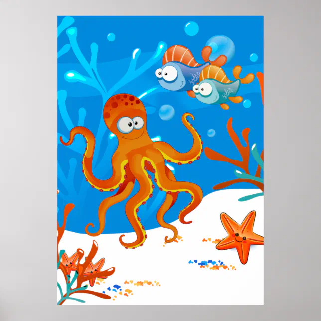Ocean Aquatic Cute Octopus Starfish Kids Room Poster | Zazzle