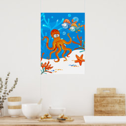 Ocean Aquatic Cute Octopus Starfish Kids Room Poster | Zazzle