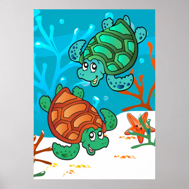 Ocean Aquatic Cute Turtle Starfish Kids Room P Poster | Zazzle