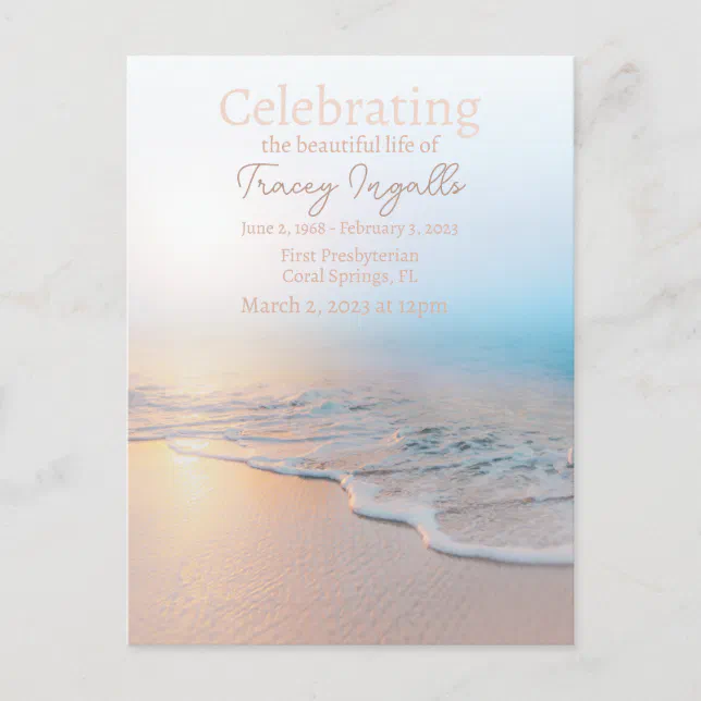 Ocean Beach Funeral Celebration of Life Postcard | Zazzle