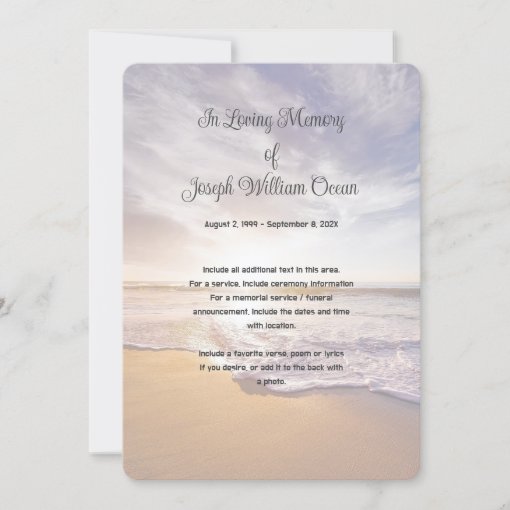 Ocean Beach Photo Memorial Funeral Service Card | Zazzle