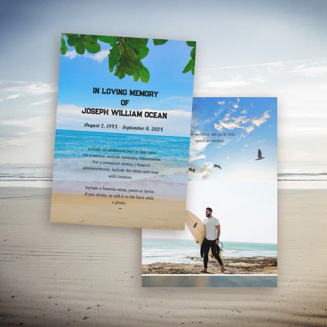 Ocean Beach Photo Memorial Funeral Service Card | Zazzle