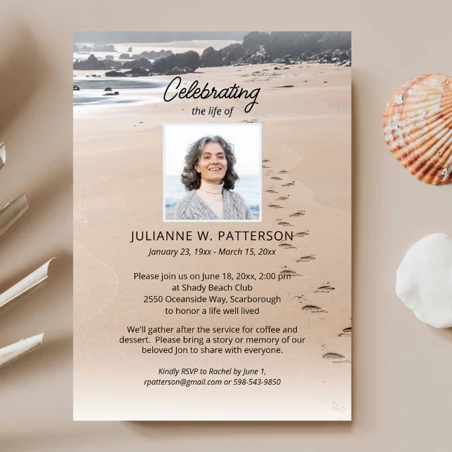 Ocean Beach Sandy Footprints, Celebration of Life Invitation | Zazzle